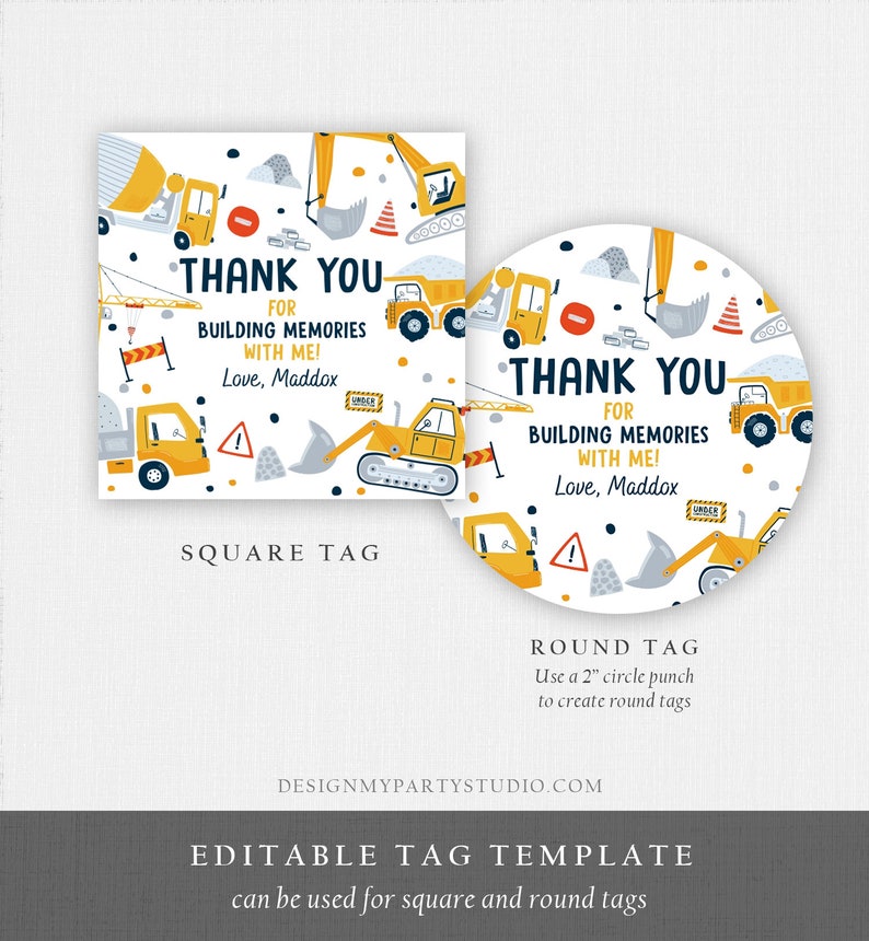 Editable Construction Thank You Tags Construction Birthday Favors ...