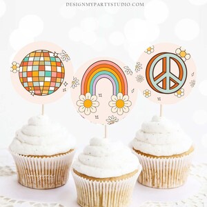 Retro Groovy Birthday Cupcake Toppers Favor Tags Retro Daisy Birthday ...