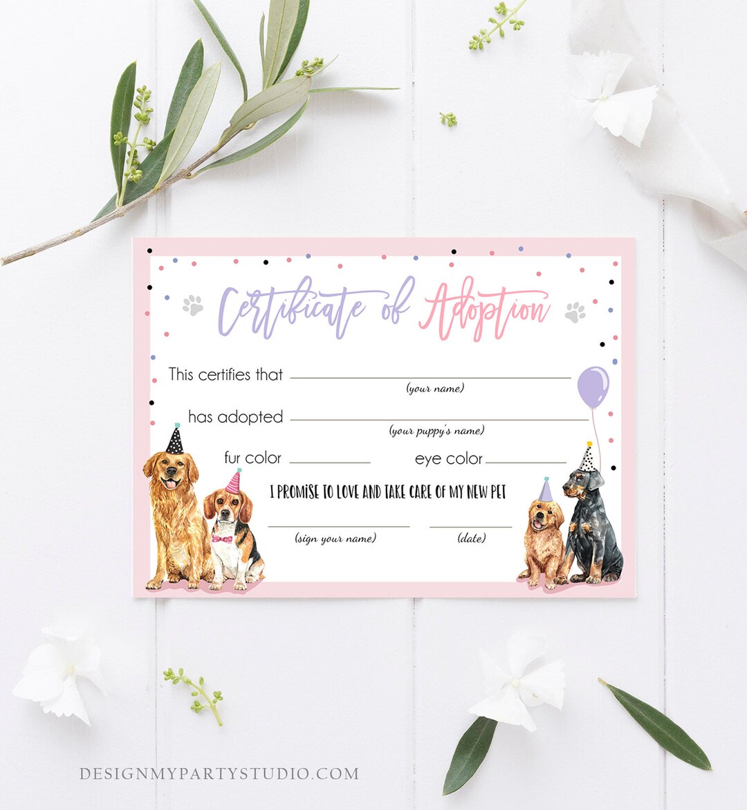 Pet Adoption Certificate Puppy Adoption Dog Birthday Party Adopt A Pet ...