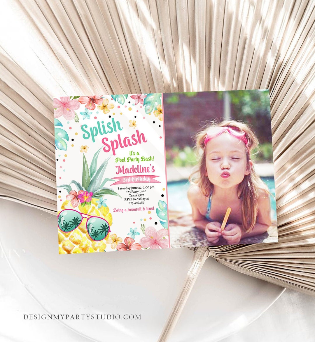 Editable Splish Splash Birthday Party Invitation Pineapple Birthday Pool Party Pineapple Pink ...