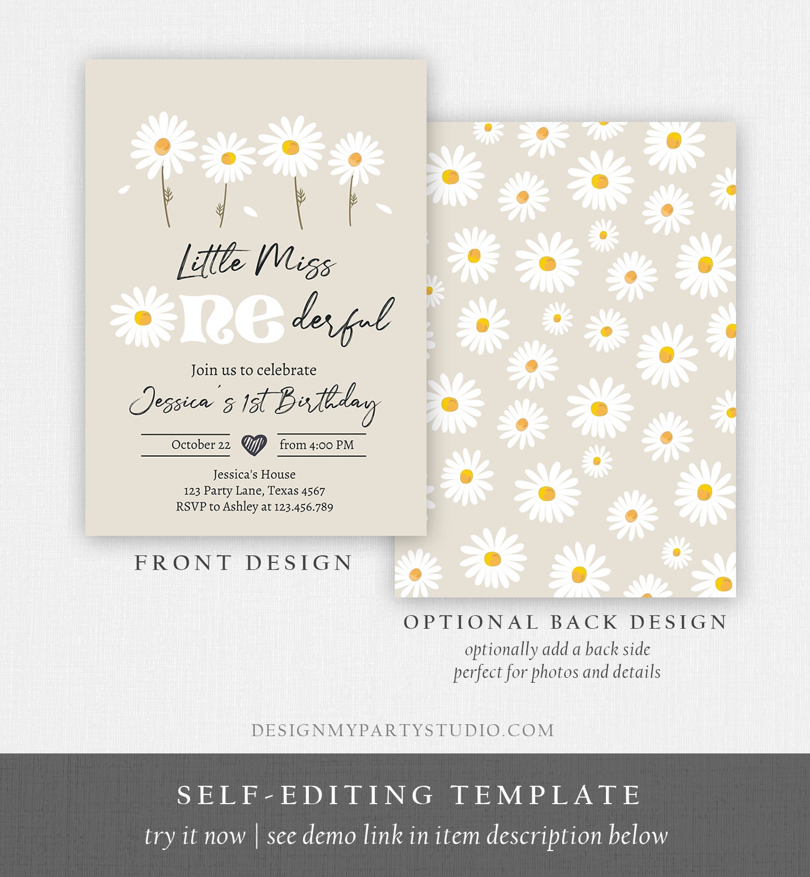Editable Daisy Birthday Invitation Little Miss Onederful - Etsy