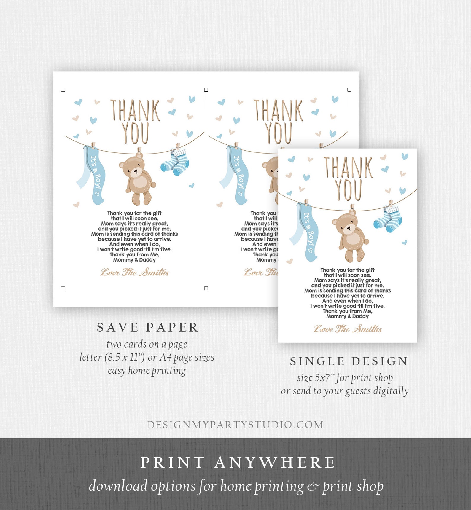Editable Teddy Bear Thank You Card Baby Shower Thank You Note Boy Blue ...