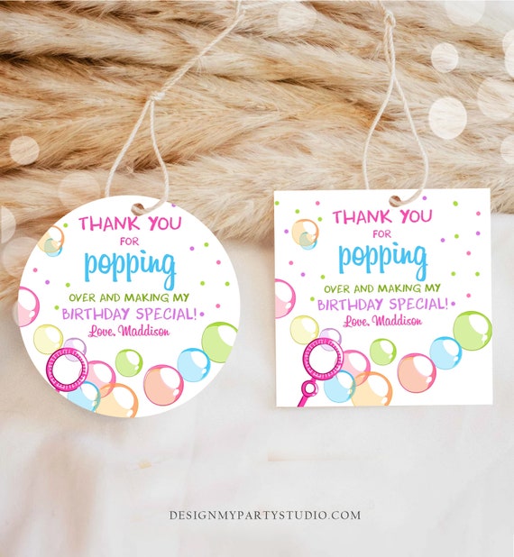 Editable Bubble Favor tags Pink Bubble Birthday Thank you tags Popping ...