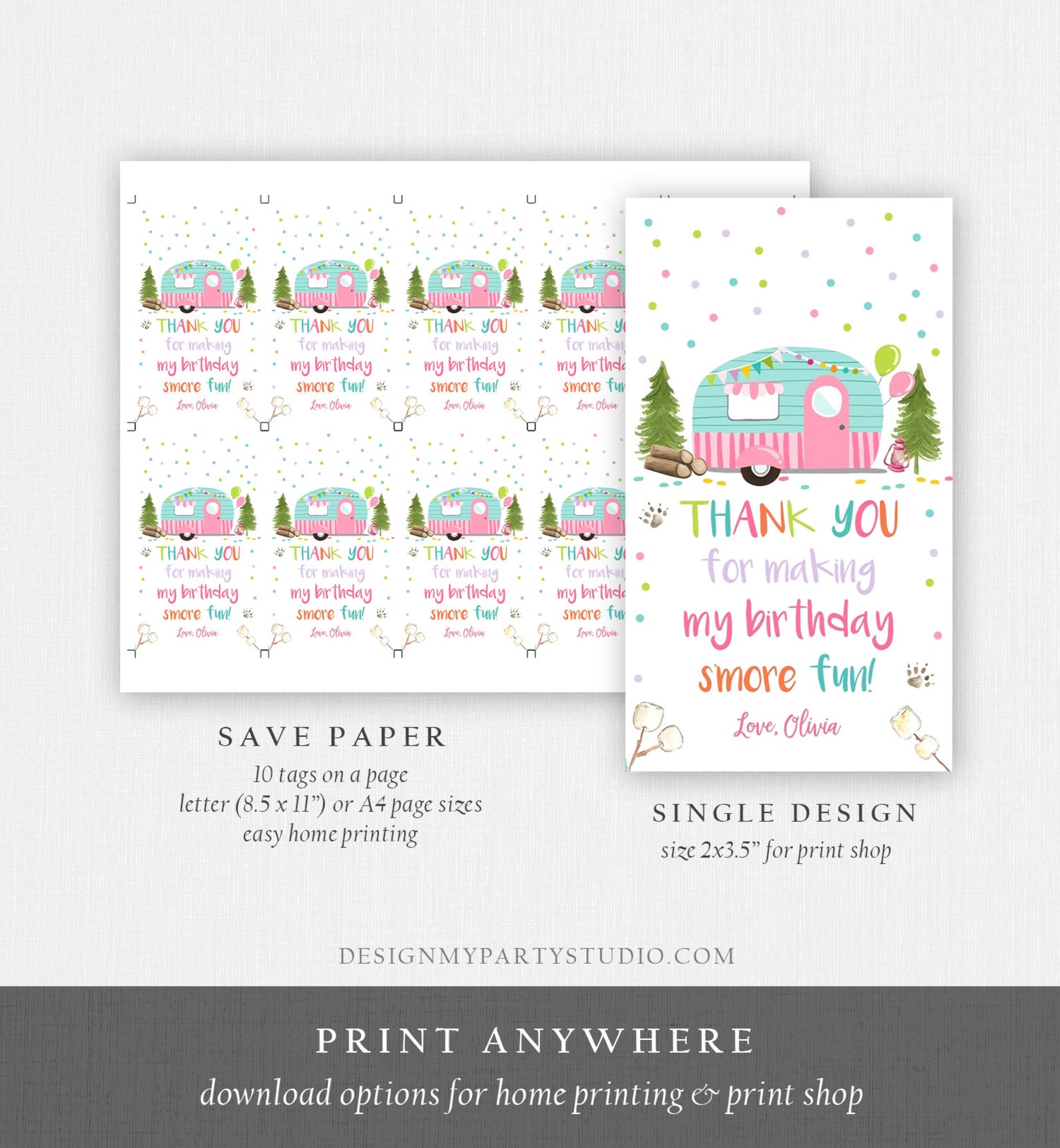 Editable S'more Fun Favor Tags Thank You Happy Camper Birthday Party ...