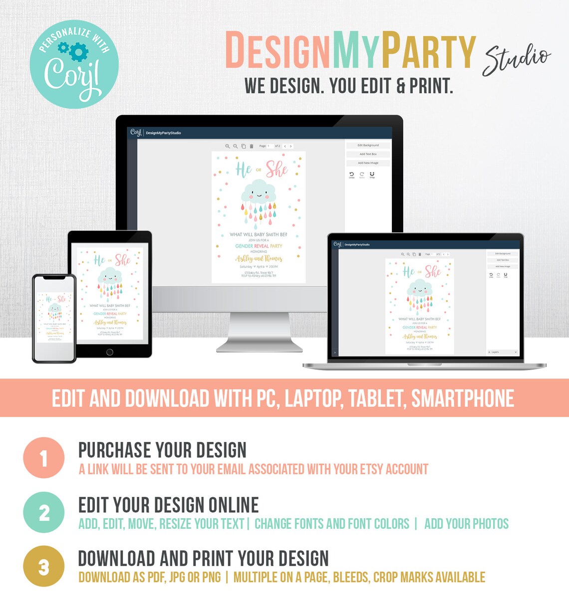 Editable Cloud Gender Reveal Invitation Boy or Girl Blue or - Etsy