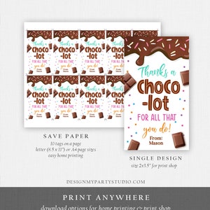 Editable Chocolate Gift Tag Thanks A Choco-lot Teacher Appreciation Tag ...
