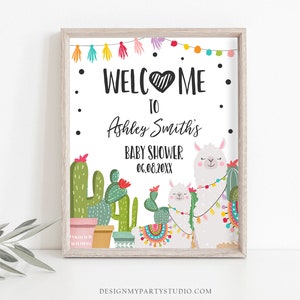 Editable Llama Fiesta Welcome Sign Baby Shower Cactus Mexican Succulent ...