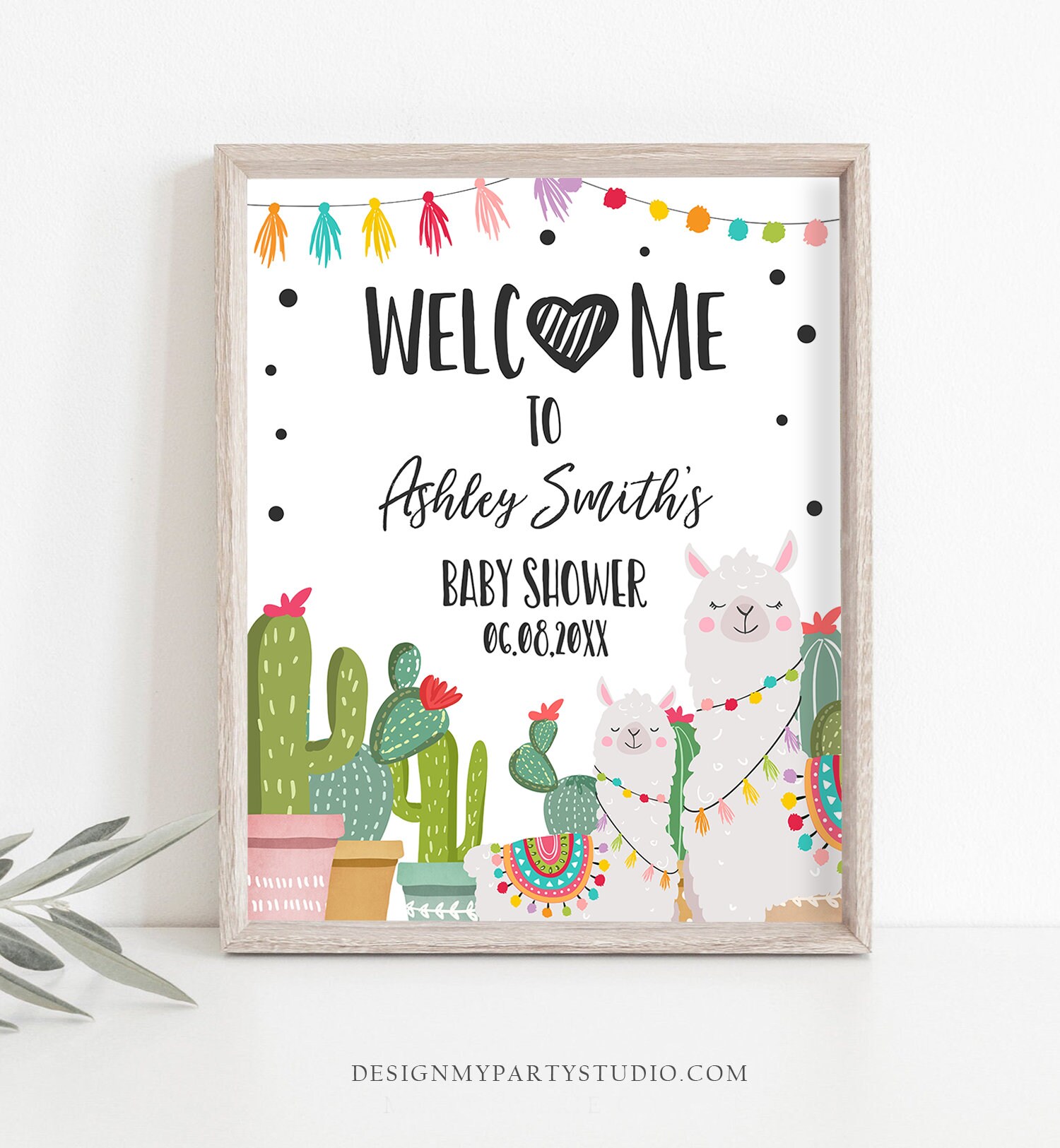 Editable Llama Fiesta Welcome Sign Baby Shower Cactus Mexican Succulent ...