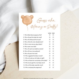 Editable Guess Who Baby Shower Game Modern Bear Cute Teddy Bear Baby Shower Boho Bearly Wait ...