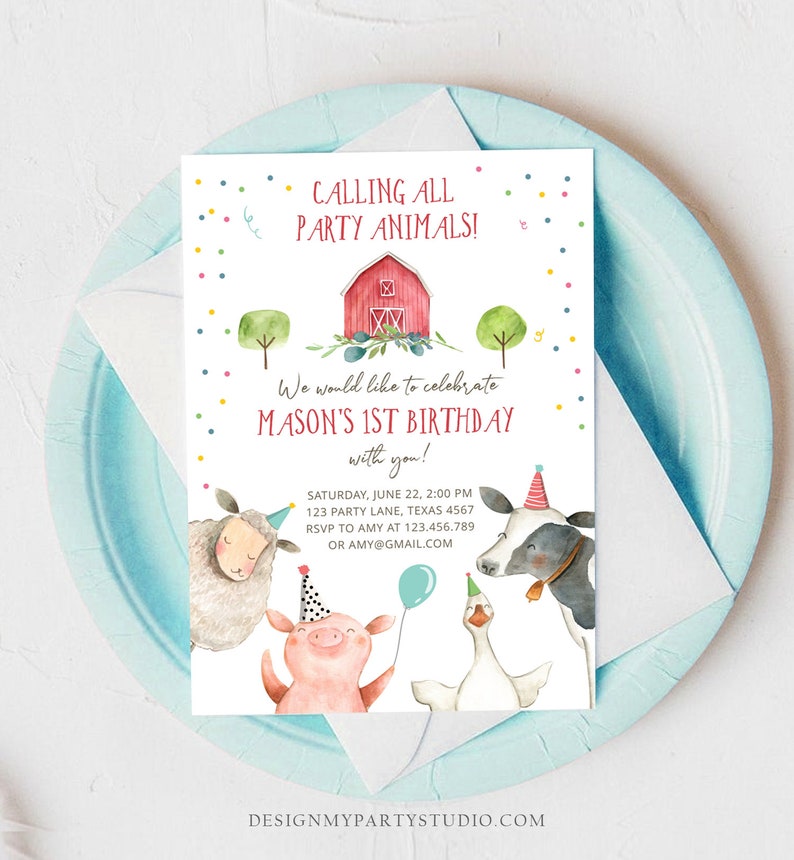 Editable Farm Animals Birthday Invitation Boy Farm Barnyard First ...