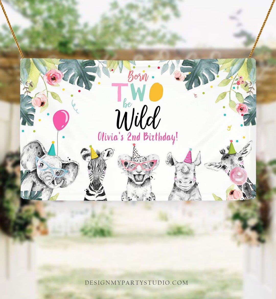 Editable Party Animals Birthday Backdrop Banner Safari Animals Girl ...
