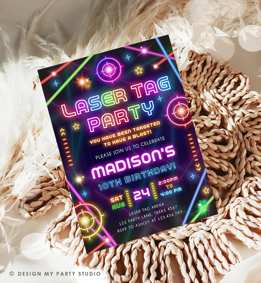Editable Laser Tag Party Birthday Invitation Animals Neon Glow Arcade ...