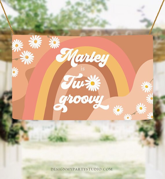 Editable Groovy Birthday Backdrop Two Groovy Birthday Girl Retro Daisy ...