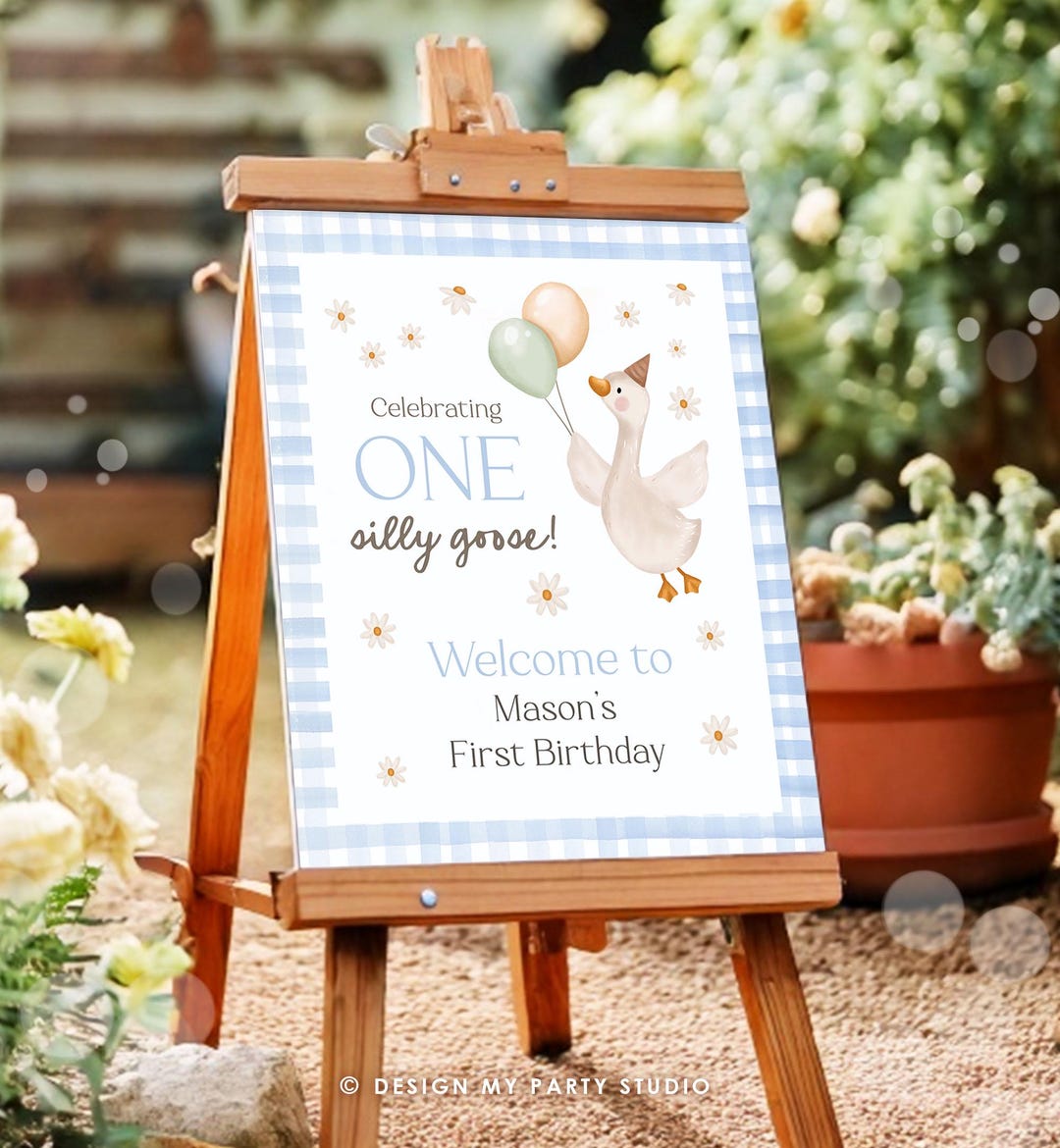 Editable One Silly Goose Birthday Welcome Sign Blue Boy Goose Birthday ...