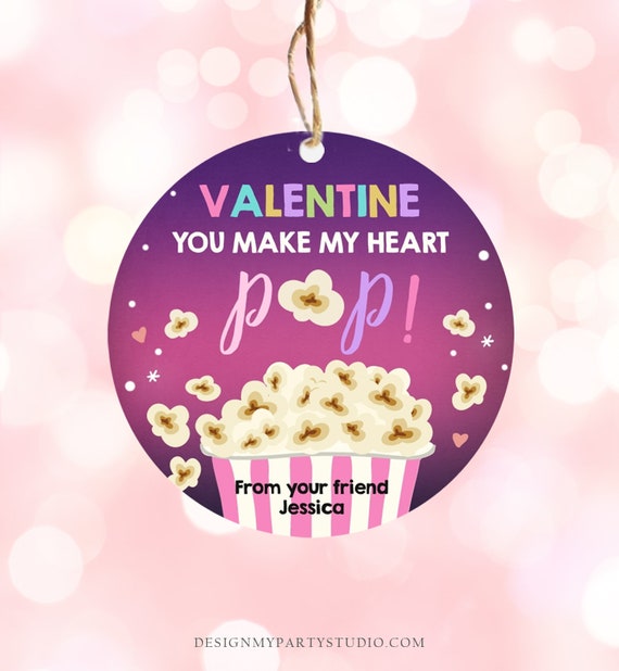 Editable Popcorn Valentine's Day Tag You Make my Heart Pop Sticker ...