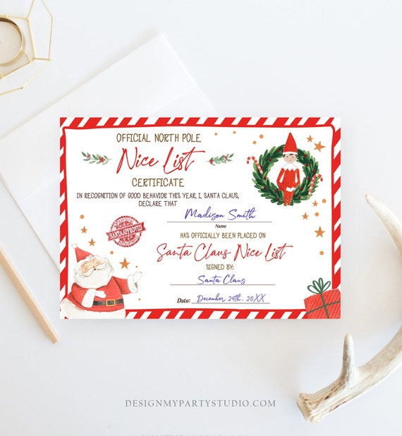 Editable Santa Claus Official Nice List Certificate Letter From Desk ...