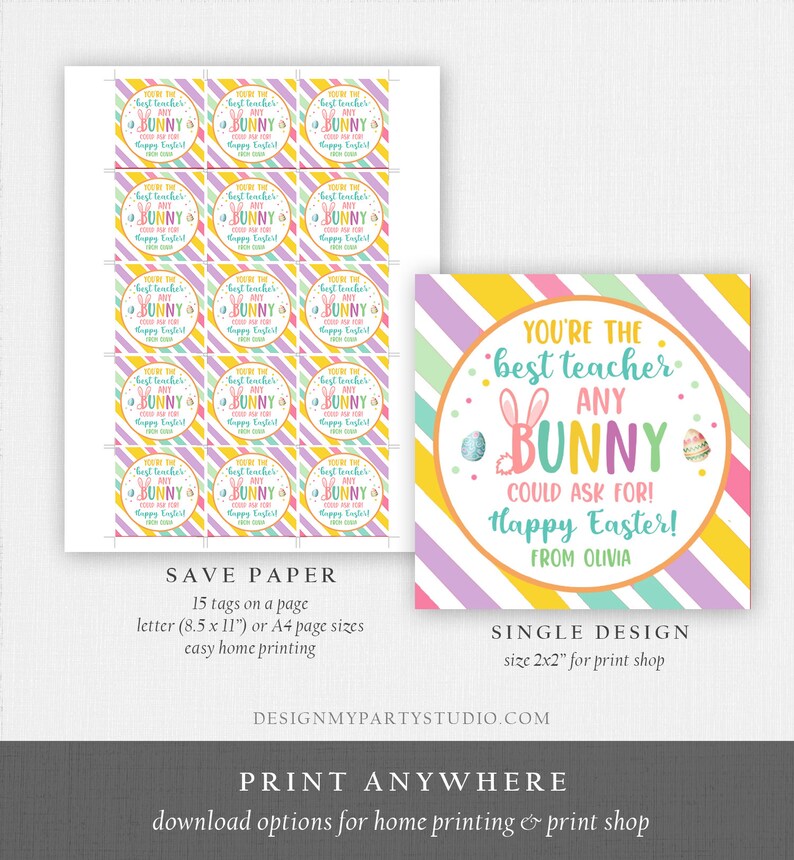 Editable Teacher Gift Tags Easter You're the Best Teacher Any Bunny ...