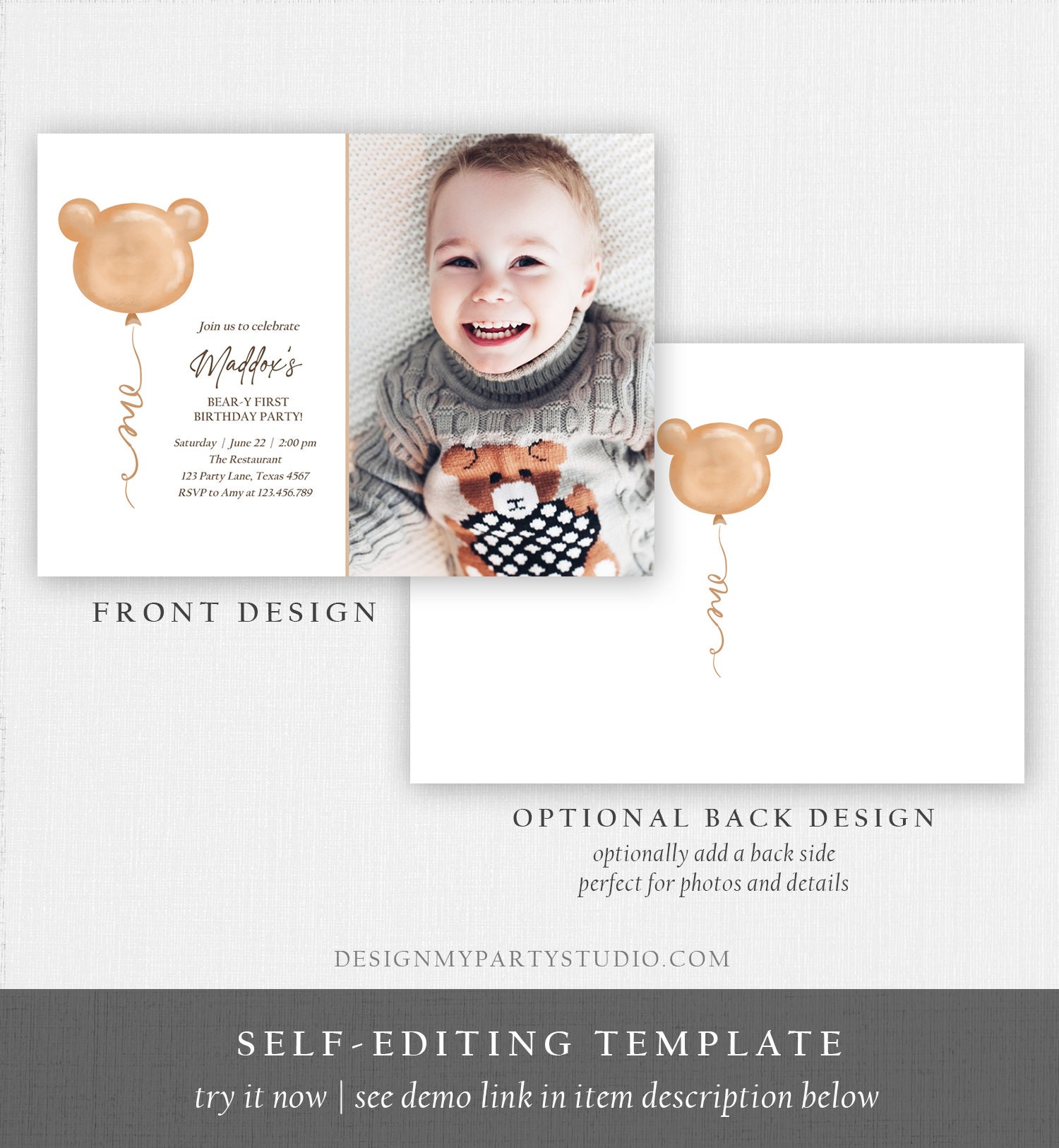 Editable Bear Birthday Invitation Bear Balloon Modern Teddy - Etsy