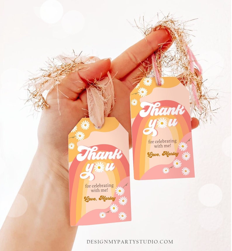 Editable Retro Daisy Favor Tags 1st 2nd Groovy Birthday Thank - Etsy