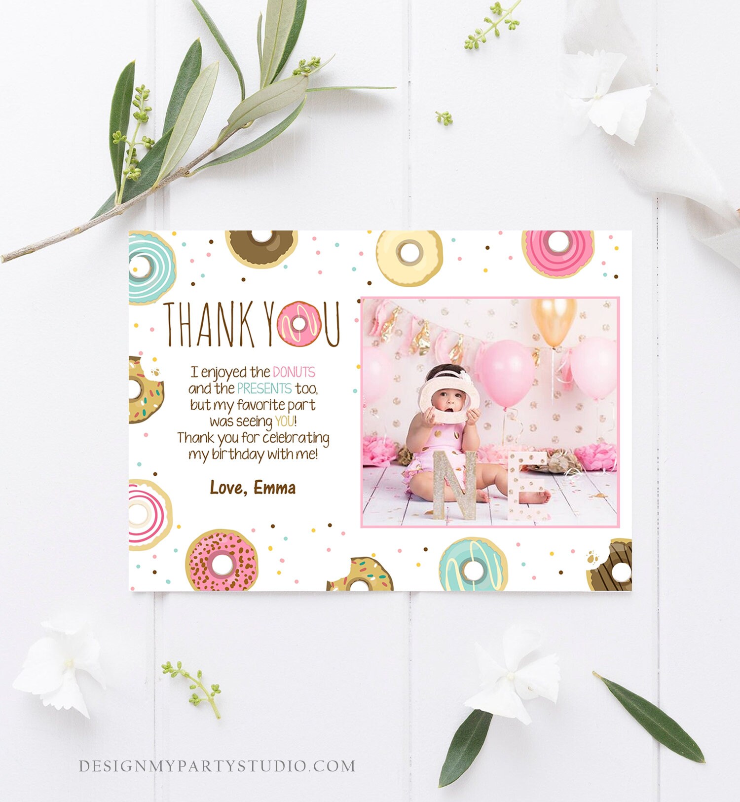 Editable Donut Thank You Card Note Pink Girl Birthday Party - Etsy