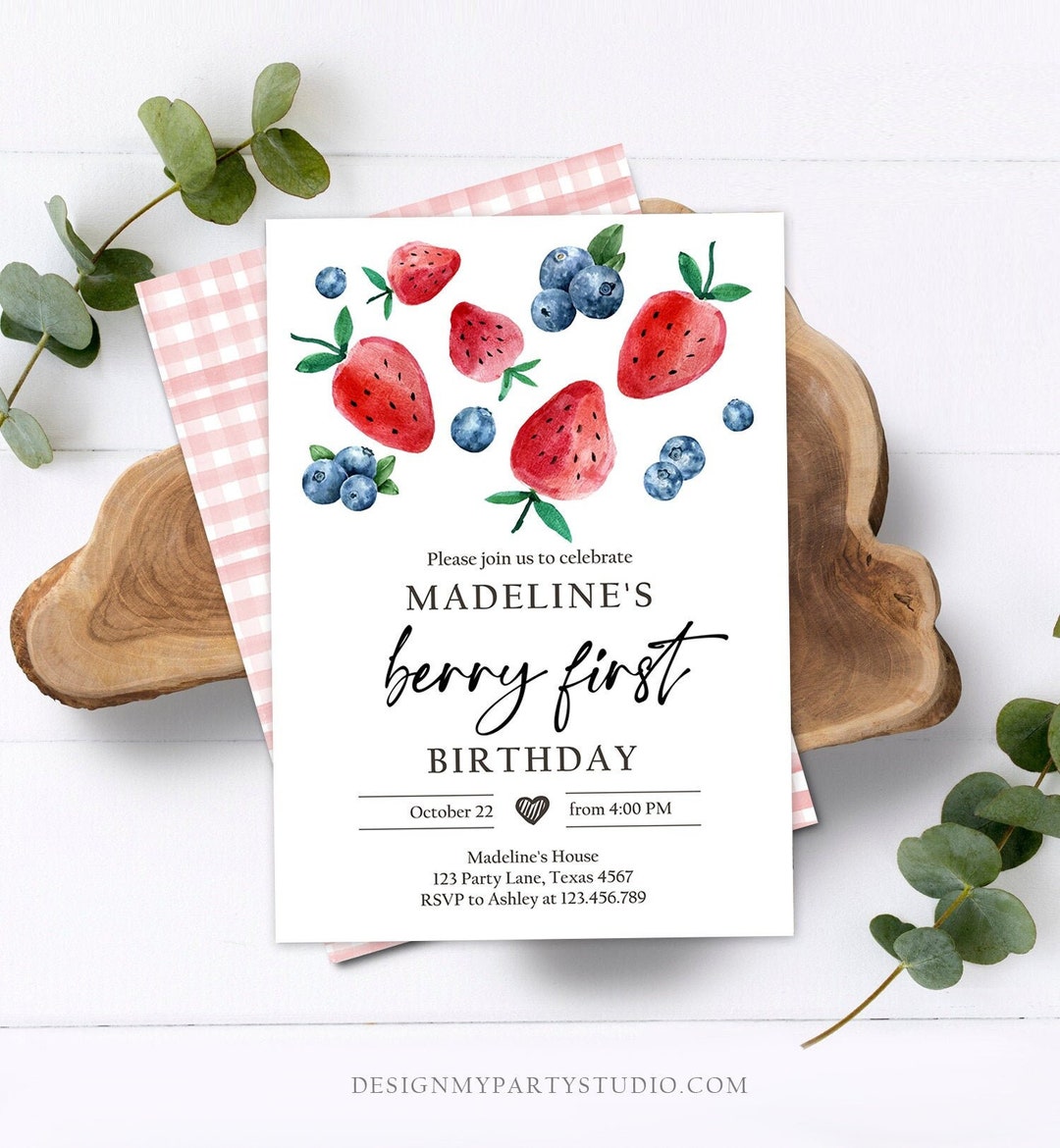 Editable Berry Sweet Birthday Invitation Blueberry Strawberry Picking ...