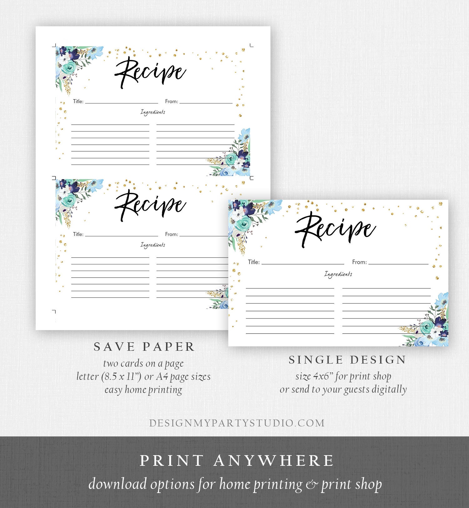 Editable Blue Floral Recipe Cards Travel Brunch and Bubbly | Etsy