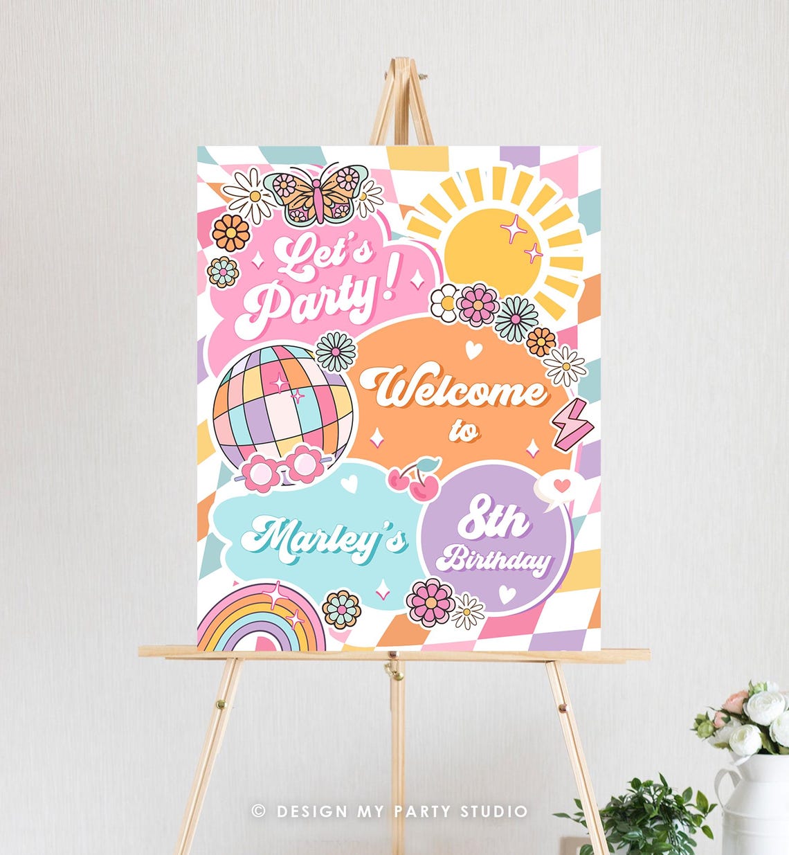 Editable Groovy Birthday Welcome Sign Rainbow Sunshine Girl Pink Peace ...
