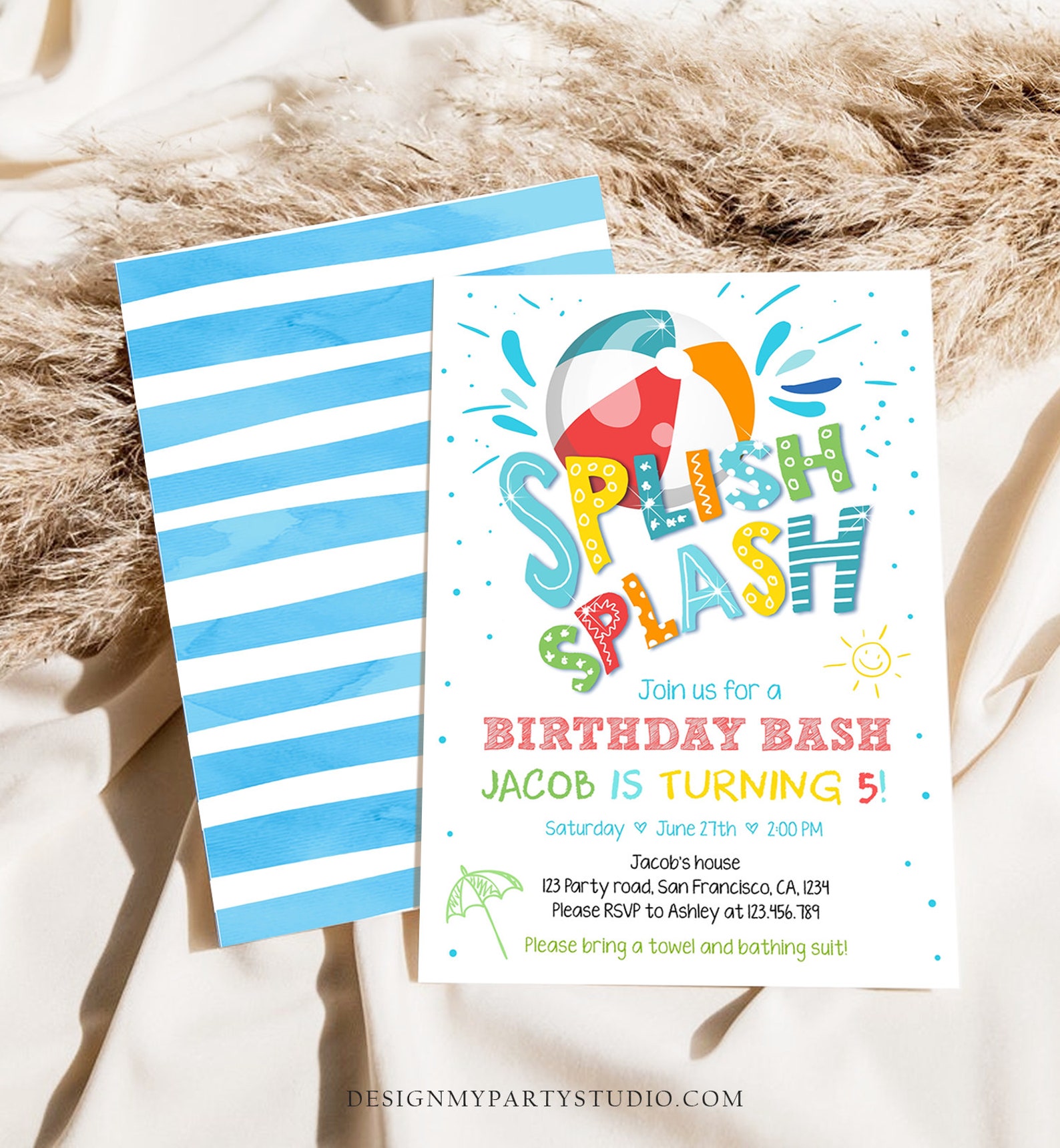 Editable Splish Splash Birthday Invitation Pool Party Boy Beach Ball ...