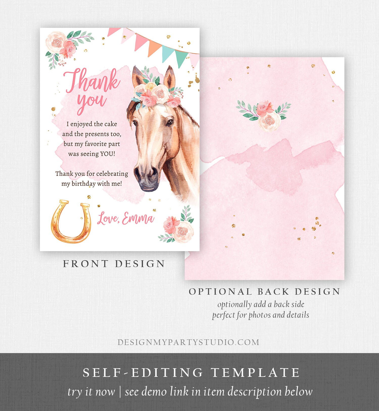 Editable Horse Thank You Card Note Girl Birthday Party Cowgirl - Etsy