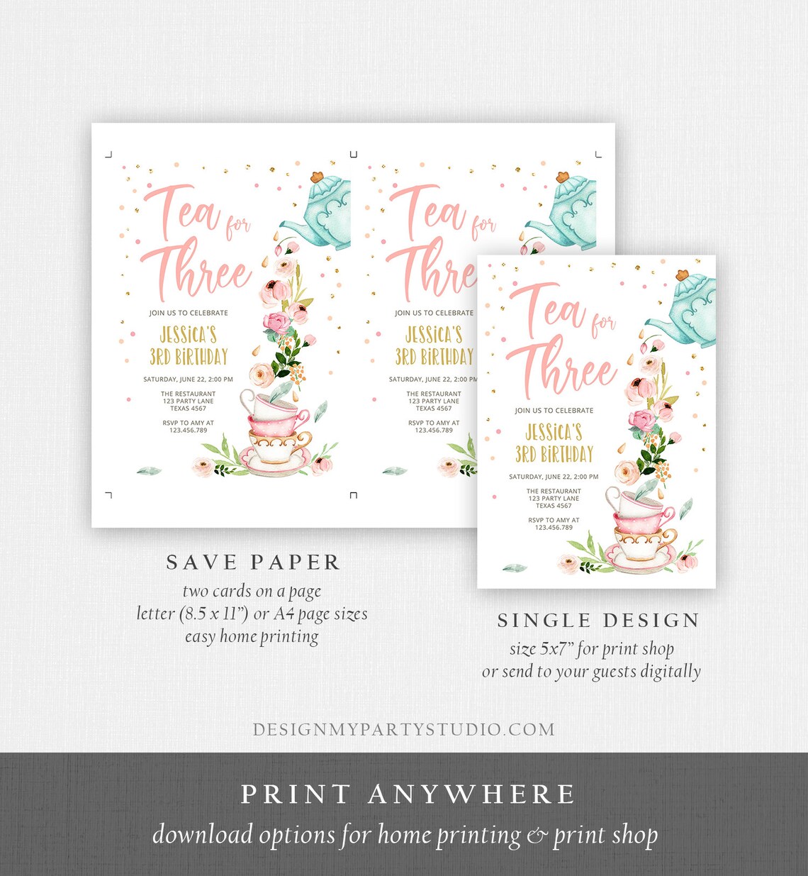 Editable Tea for Three Birthday Invitation Girl Tea Party Invite Pink ...