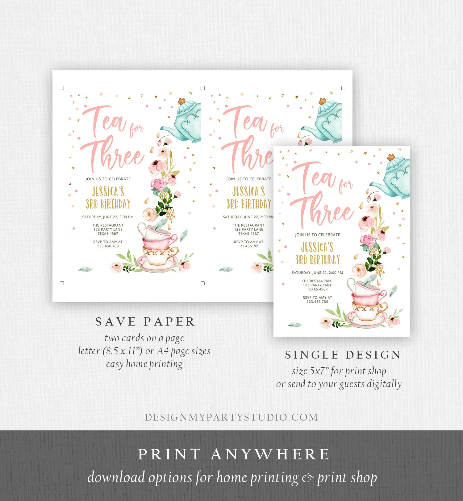 Editable Tea for Three Birthday Invitation Girl Tea Party Invite Pink ...