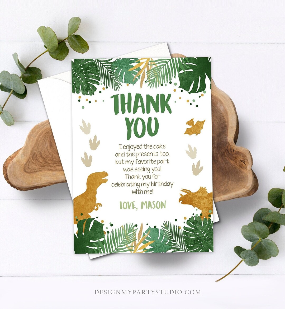 Editable Dinosaur Thank You Card Birthday Boy Black Green Gold Dino ...