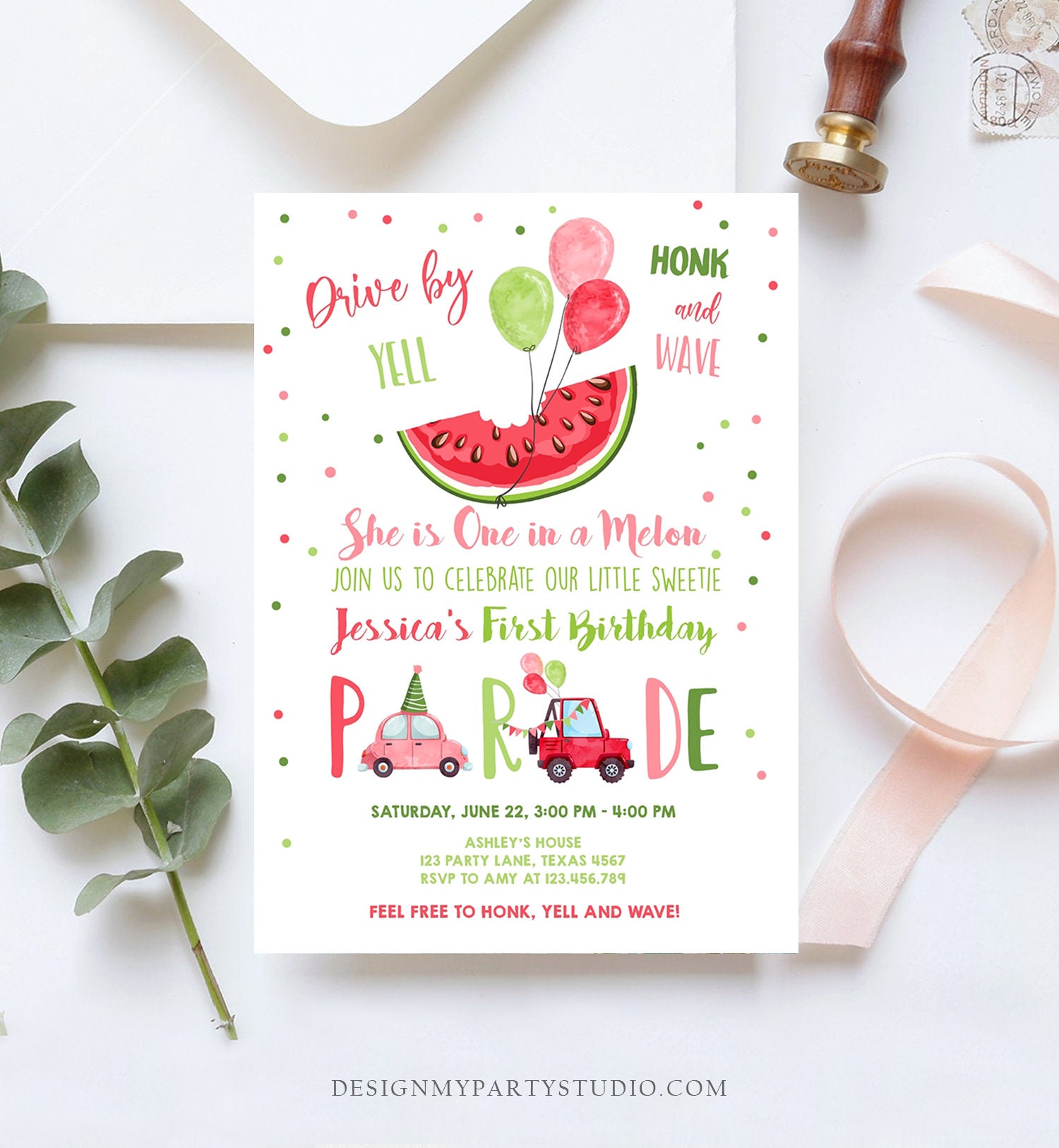 Editable One in a Melon Drive by First Birthday Parade | Etsy