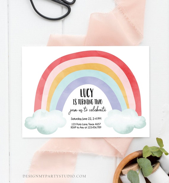 Editable Rainbow Birthday Invitation Kids Girl Boy Neutral Party Clouds ...