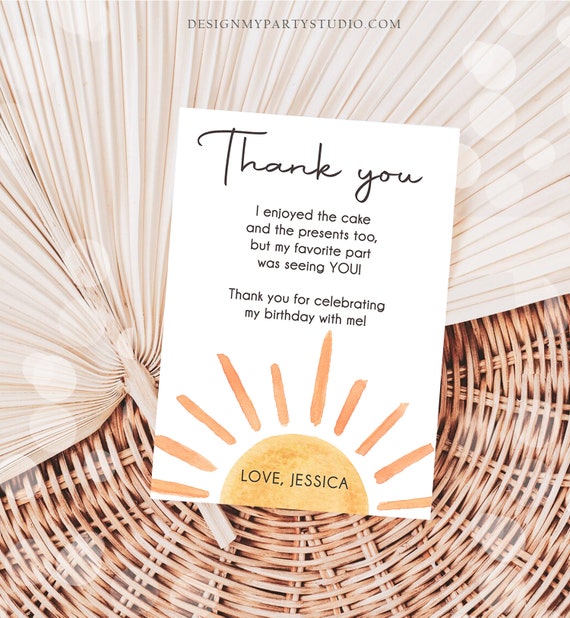 Editable Sun Thank You Card Sun Birthday Party Thank You Note Sunshine ...