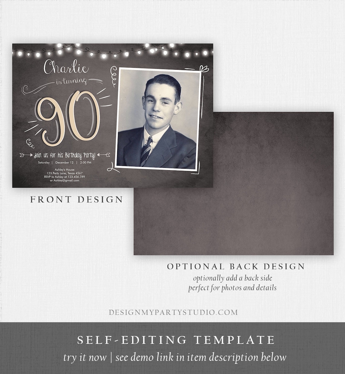 Editable 90th Birthday Invitation Chalkboard Rustic Adult - Etsy