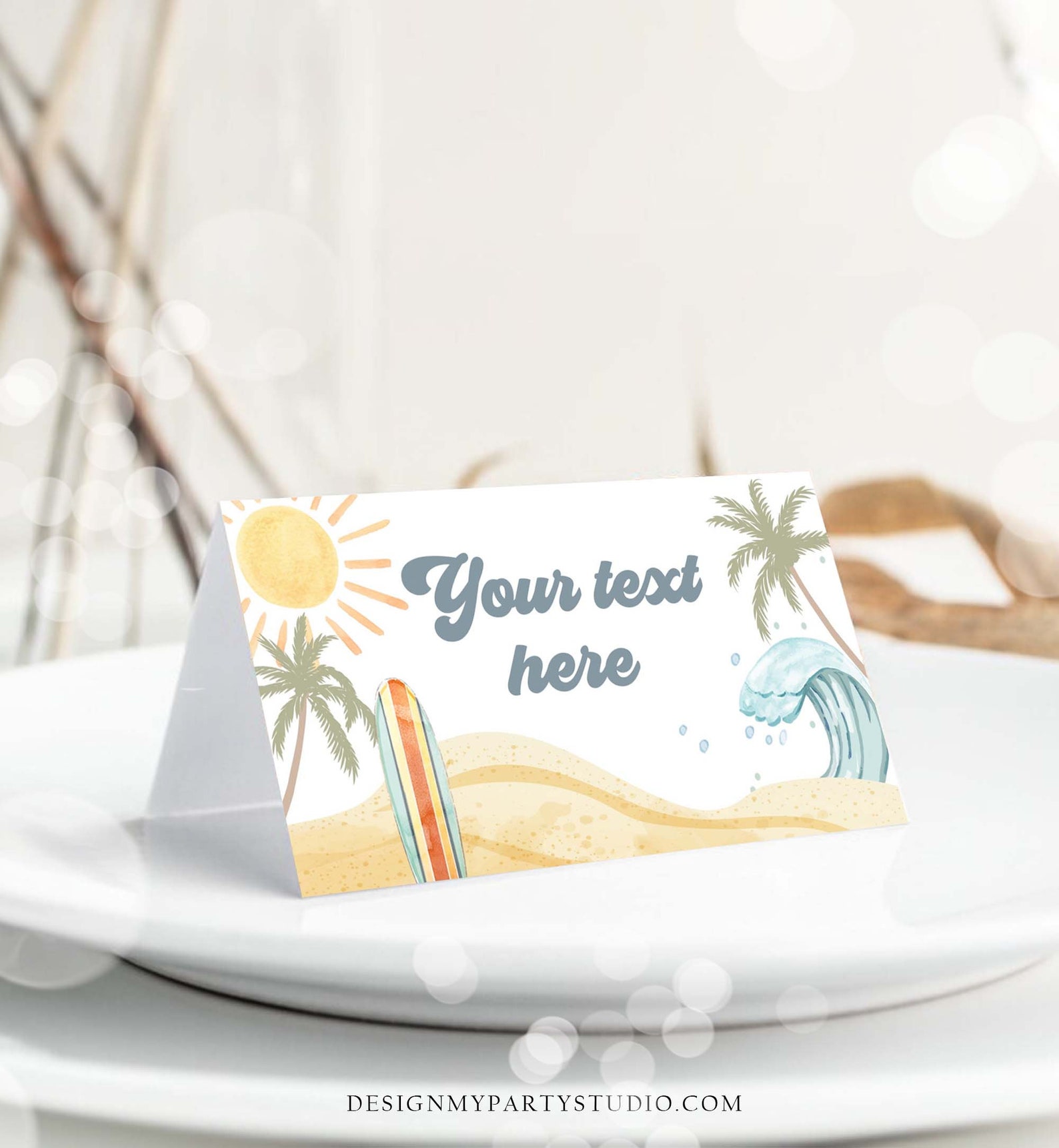Editable Surf Food Labels Surfboard Birthday Place Card Tent Buffet ...