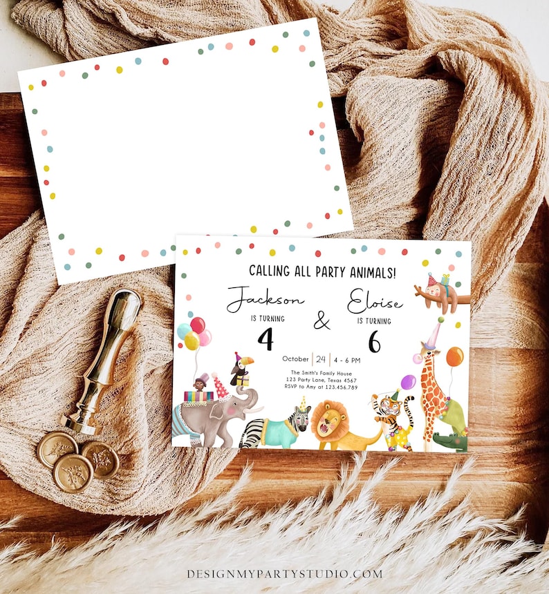 Editable Calling All Party Animals Birthday Invitation Joint Party ...