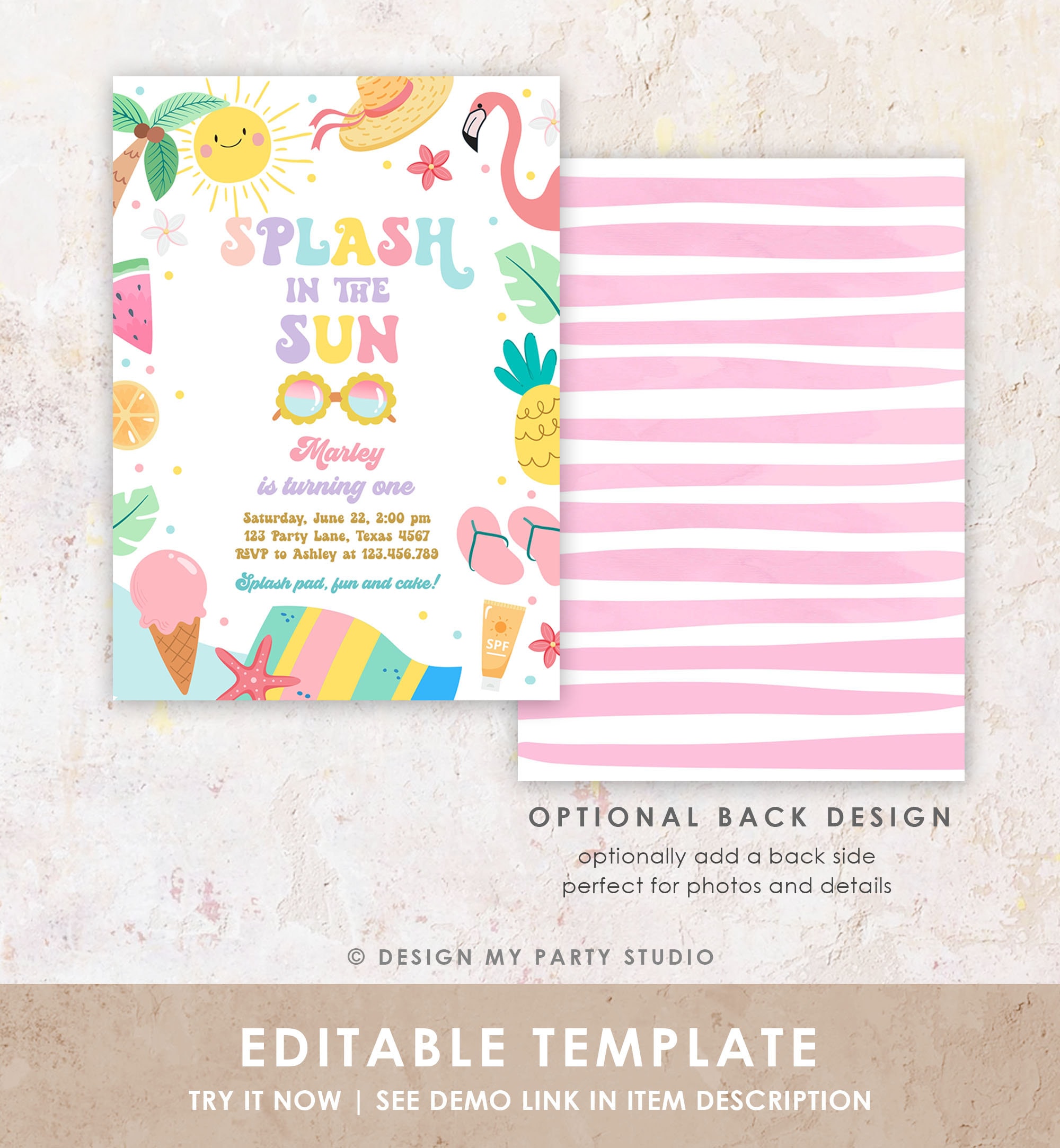 Editable Splash in the Sun 1st Birthday Invitation Pool Party Girl ...
