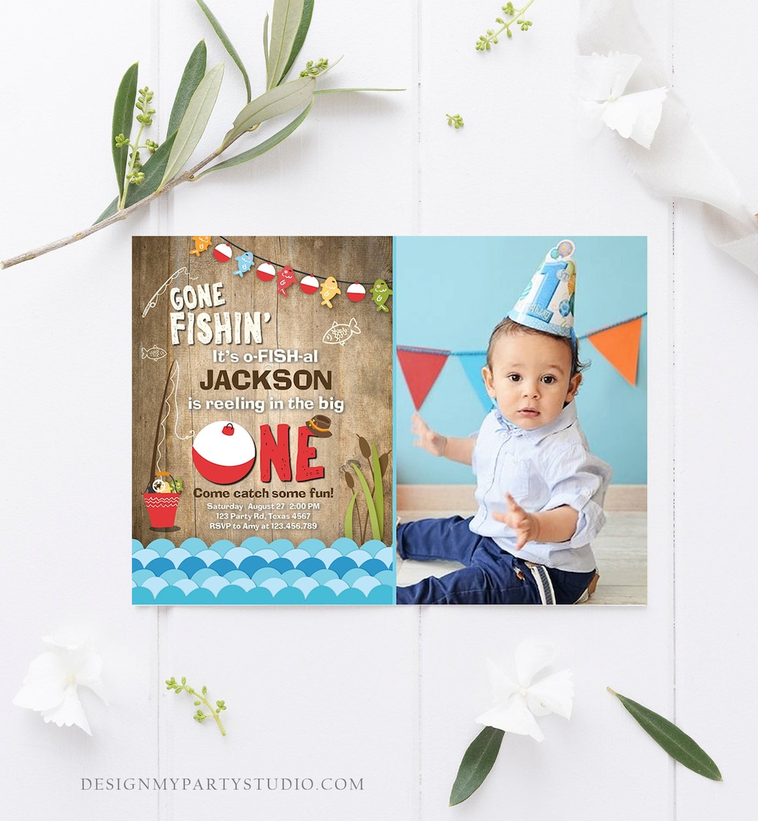 Editable First Birthday Fishing Invitation Fishing Party the Big One O ...