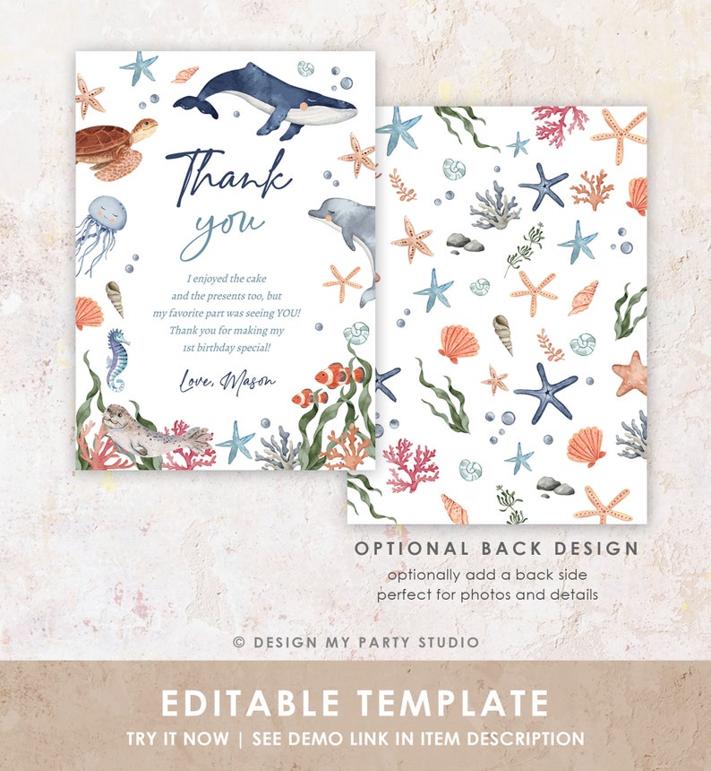 Editable Under the Sea Thank You Card Sea Ocean Animals Life Birthday ...