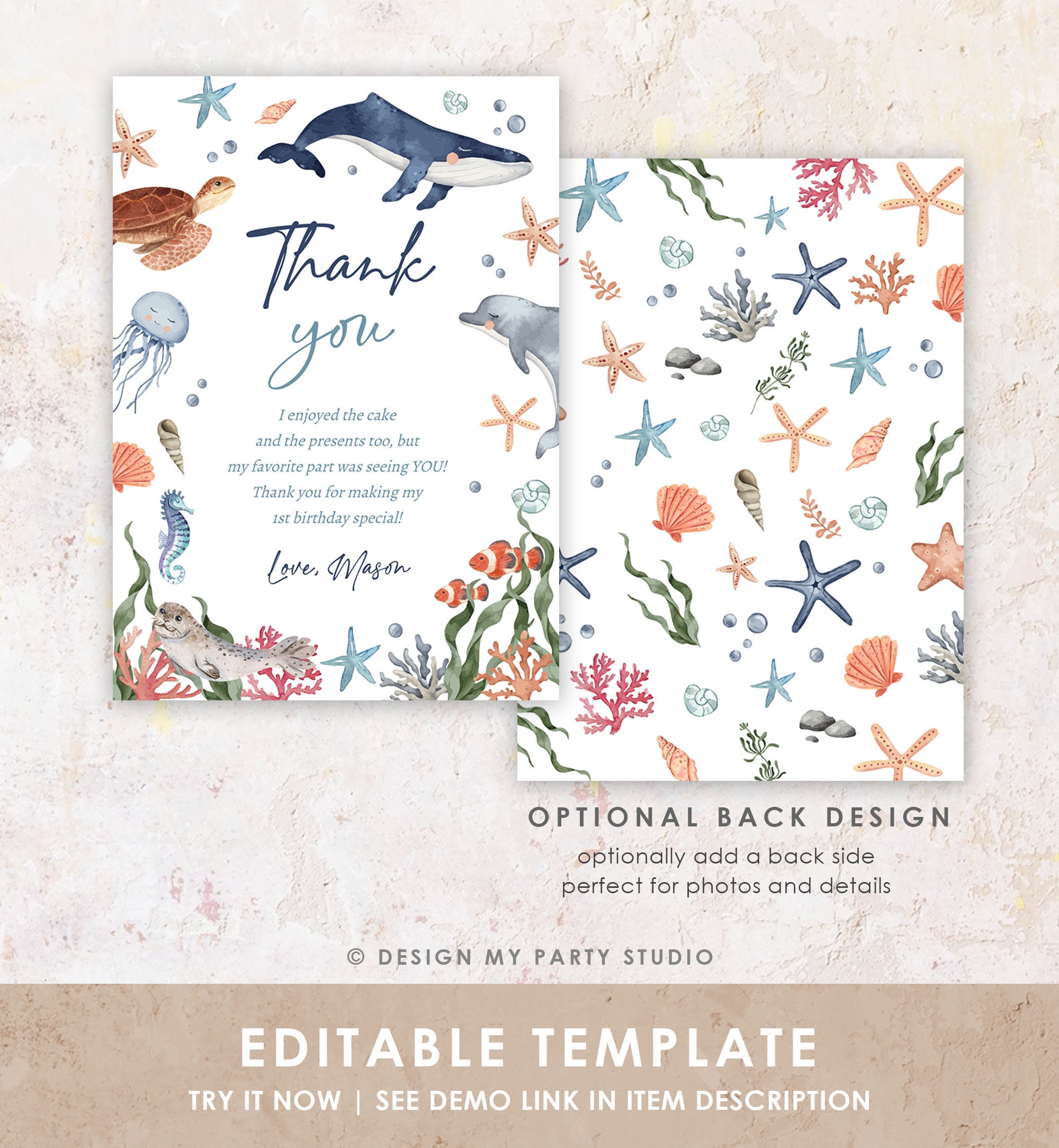 Editable Under the Sea Thank You Card Sea Ocean Animals Life Birthday ...