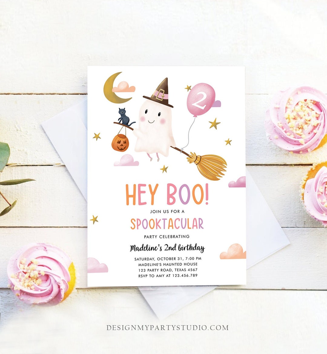 Editable Halloween Birthday Invitation Girl Ghost Costume Party Pink ...