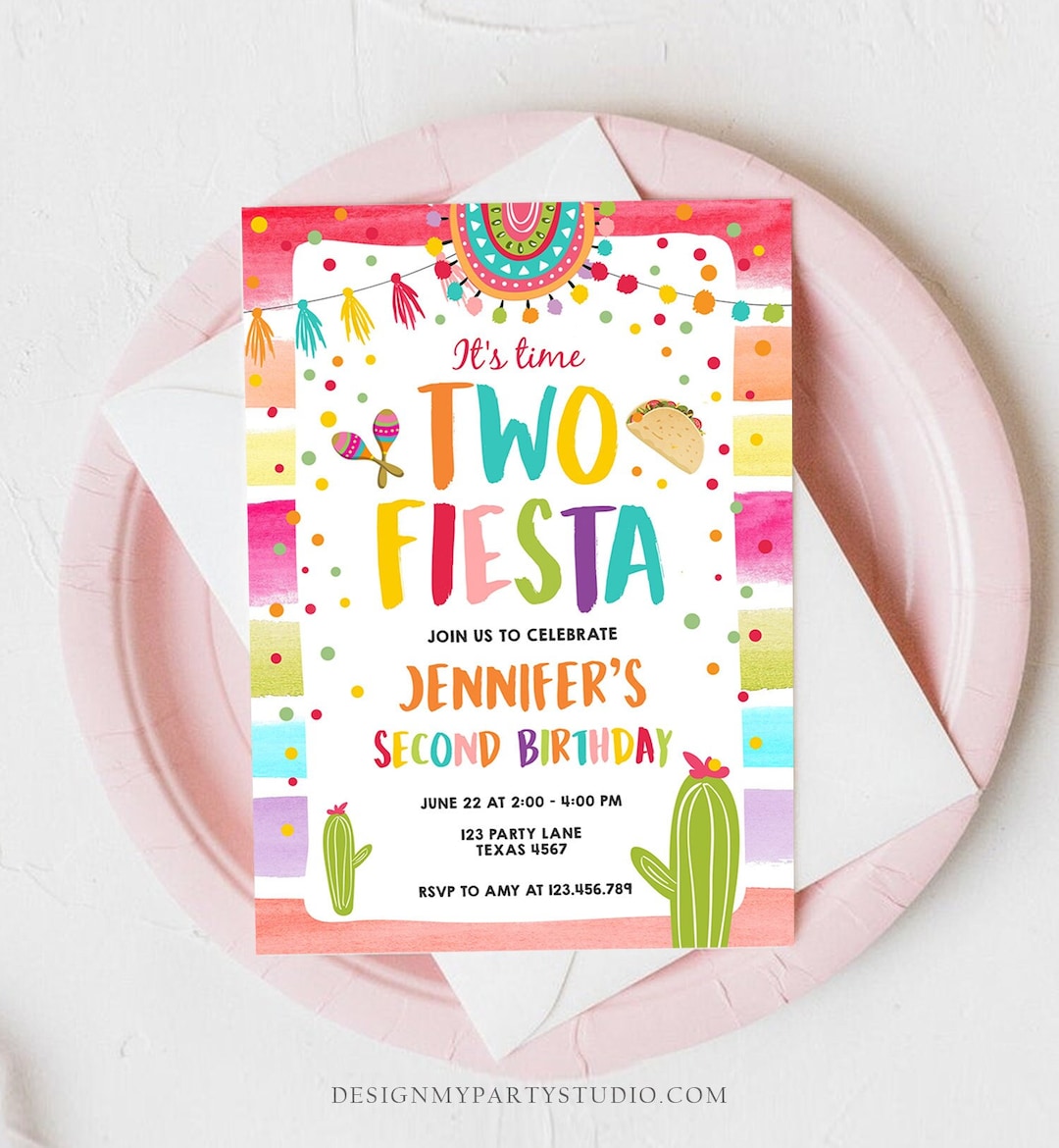 Editable It's Time Two Fiesta Birthday Invitation Second Birthday 2nd ...