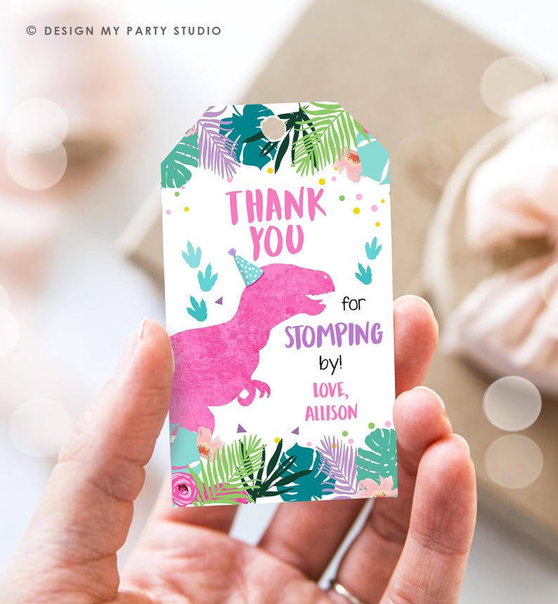 Editable Dinosaur Birthday Favor Tag Gift Tag Girl Pink T-rex Three Rex ...