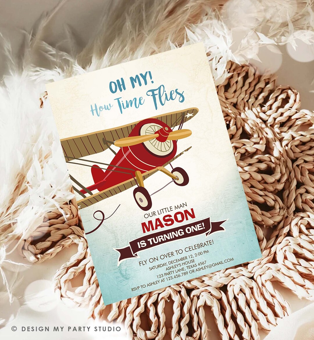 Editable Airplane Birthday Invitation Oh My How Time Flies Vintage ...