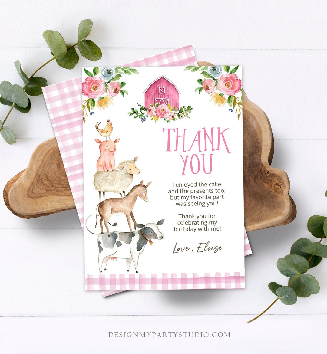 Editable Farm Animals Thank You Card Pink Farm Birthday Girl Barnyard ...