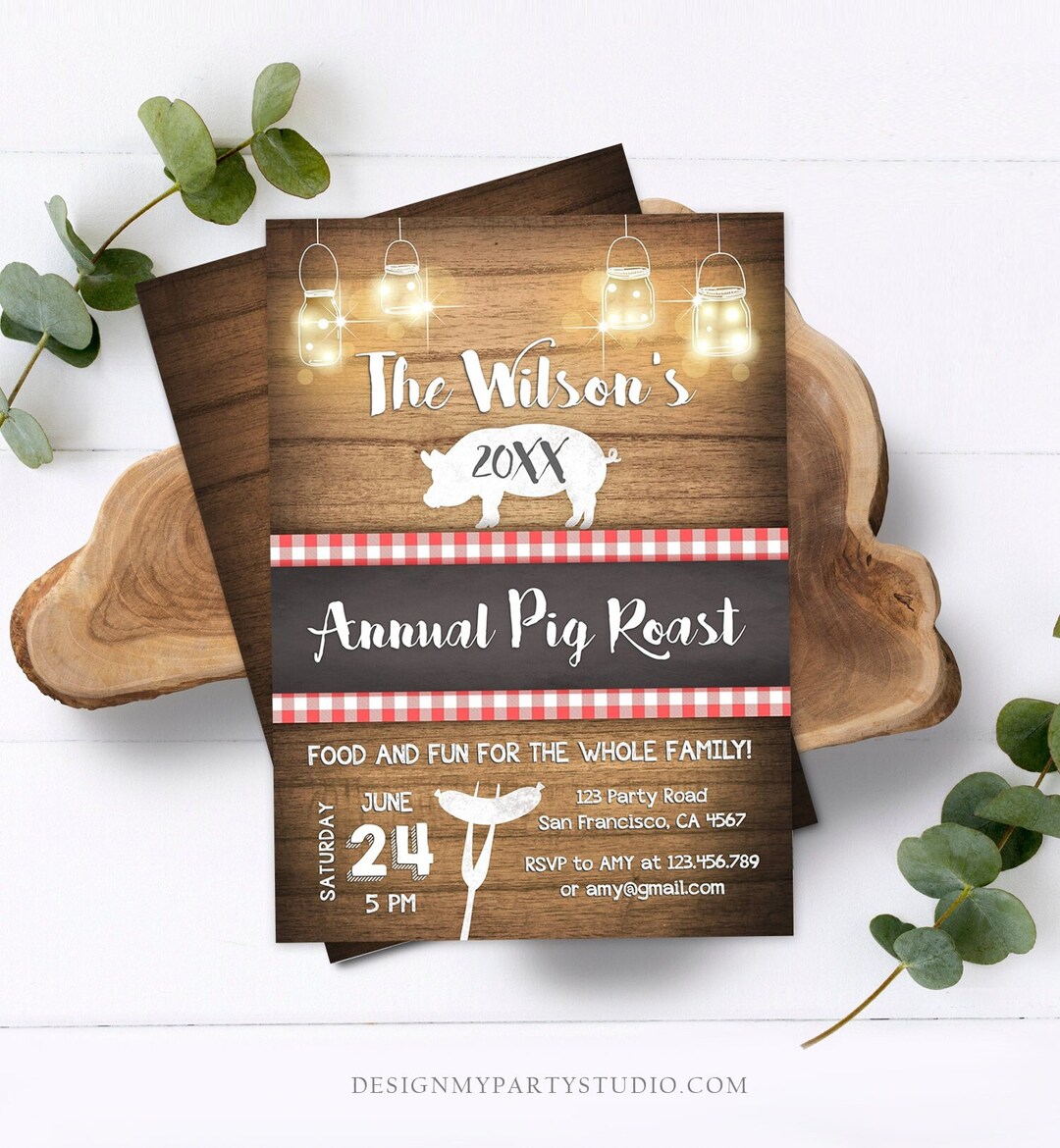 Editable Pig Roast Invitation Rustic Wood Backyard BBQ Birthday Family ...