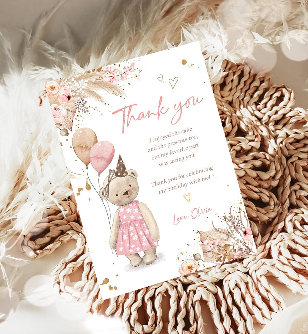 Editable Cute Teddy Bear Thank You Card Rustic Boho Pink Pampas Grass ...