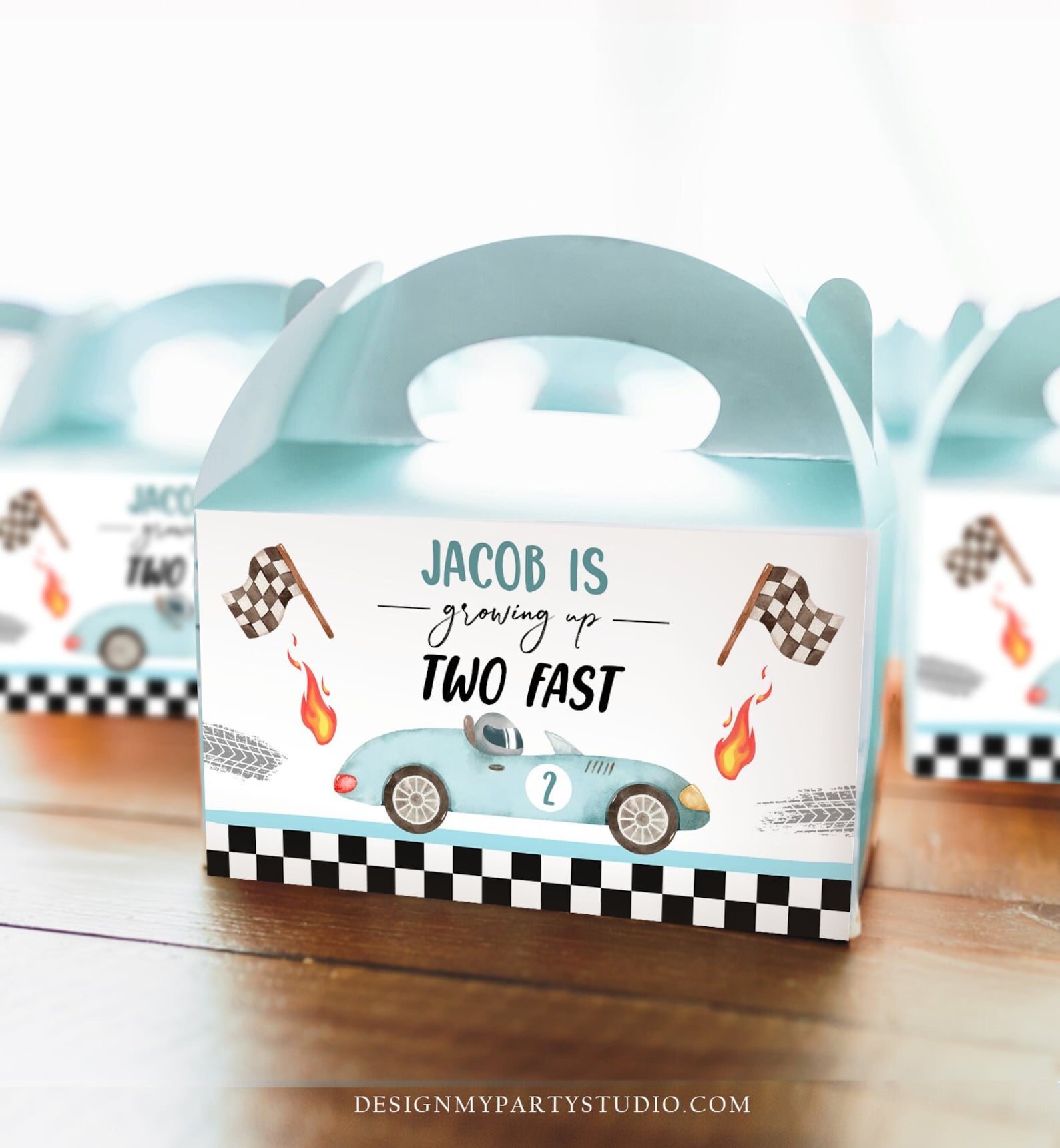 Editable Growing up Two Fast Gable Box Favor Blue Race Car Birthday ...